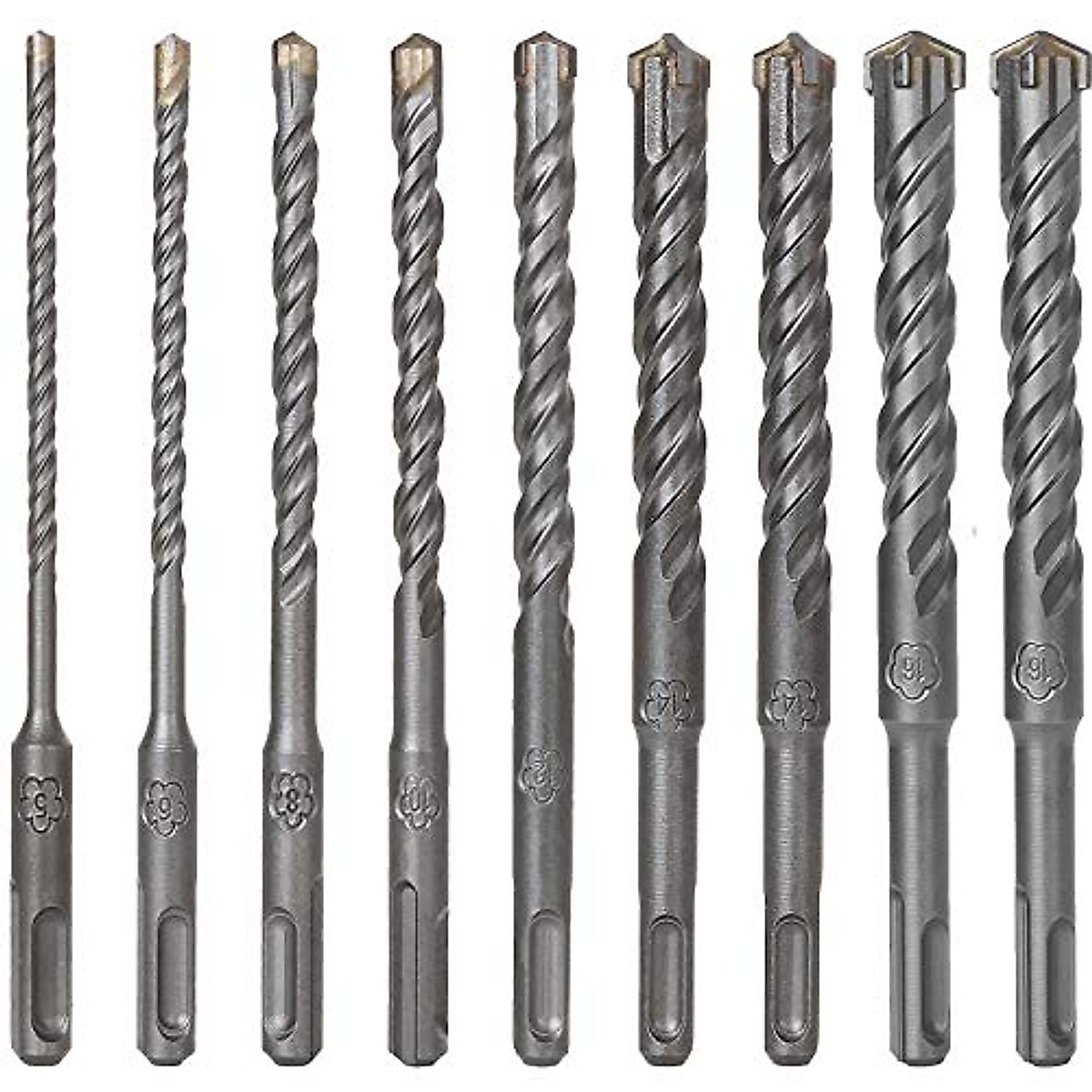 3/16" - 5/8" Masonry Drill Bit Set, 9Pcs 3/8 Inch SDS Plus Bit Rotary Hammer Drill Bits Set Carbon Steel Carbide Tip Concrete Drill Bit Set for Brick, Stone, Block, Concrete