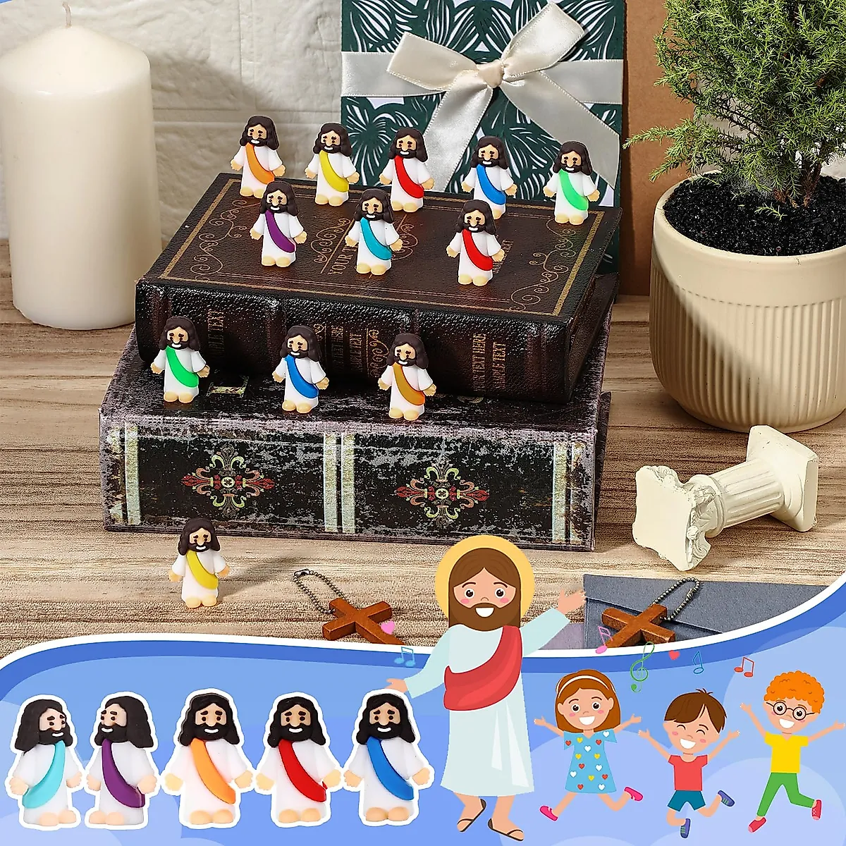 Bememo 12 Pcs Mini Jesus Figures Easter Original Little Jesus Figures Rubber Pocket Toys to Hide and Seek Religious Party Favors Sunday School Baptism Gifts(Rainbow Colors)
