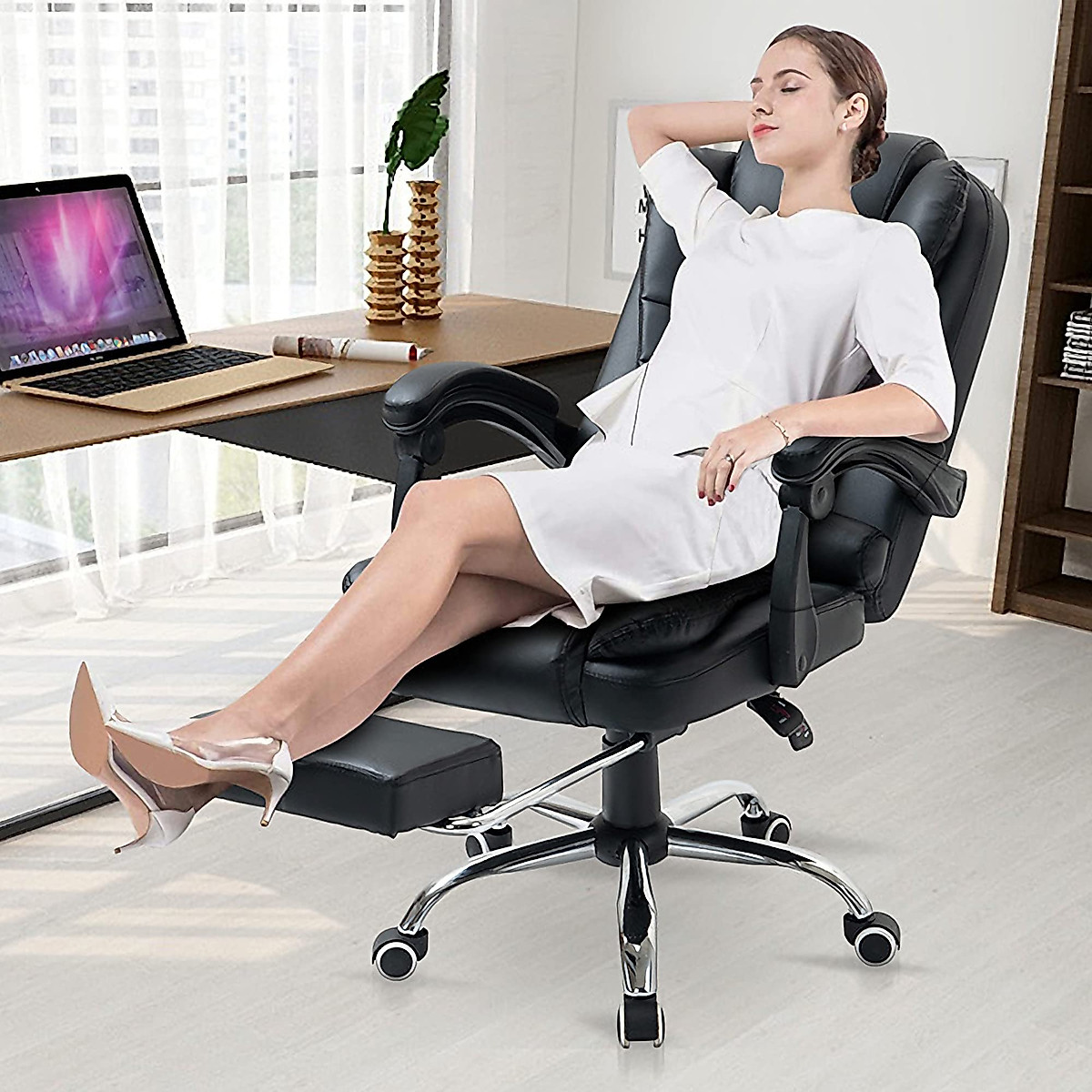 Joyo Funiture Vibration Massage Office Chair, Reclining Office Chair w/Footrest, High-Back Office Chair, PU Leather Computer Desk Chair w/Height & Armrest Adjustable, 280 lb Capacity, Black