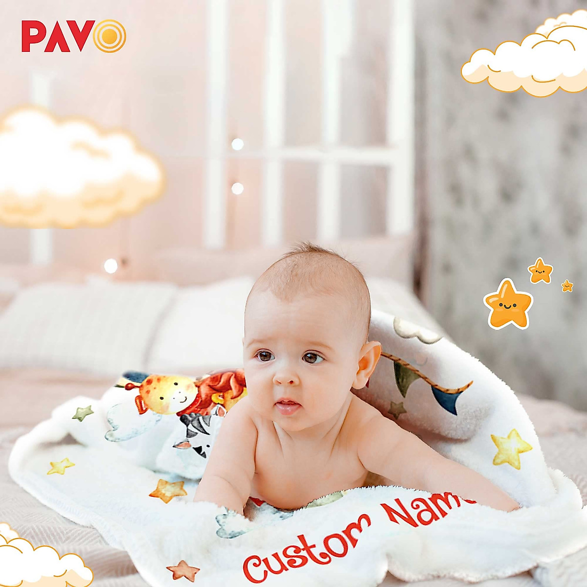 Pavo Personalized Safari Baby Blanket - Jungle Animals Baby Blanket - Customized Animals On Air Balloon - includes Bib & Onesie Option - Personalized Baby Gifts for Christmas, Thanksgiving, Shower