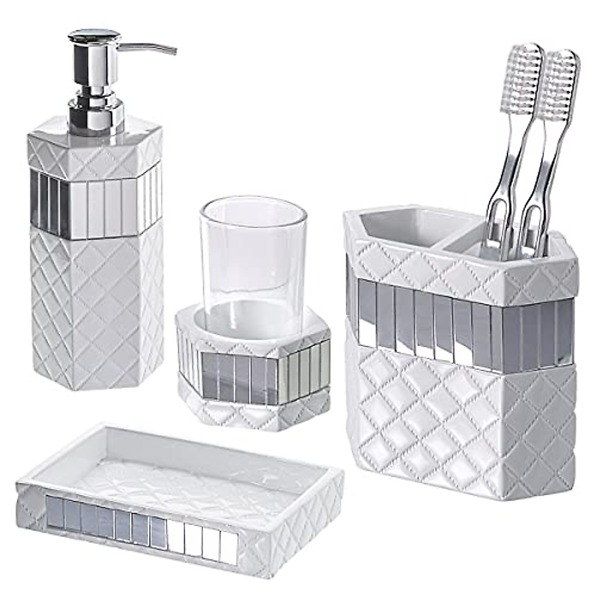 Creative Scents White Bathroom Accessories Set - Decorative 6 Piece Bathroom Accessory Set Features: Trash Can, Tissue Cover, Soap Dispenser, Toothbrush Holder, Tumbler & Soap Dish (Quilted Mirror)