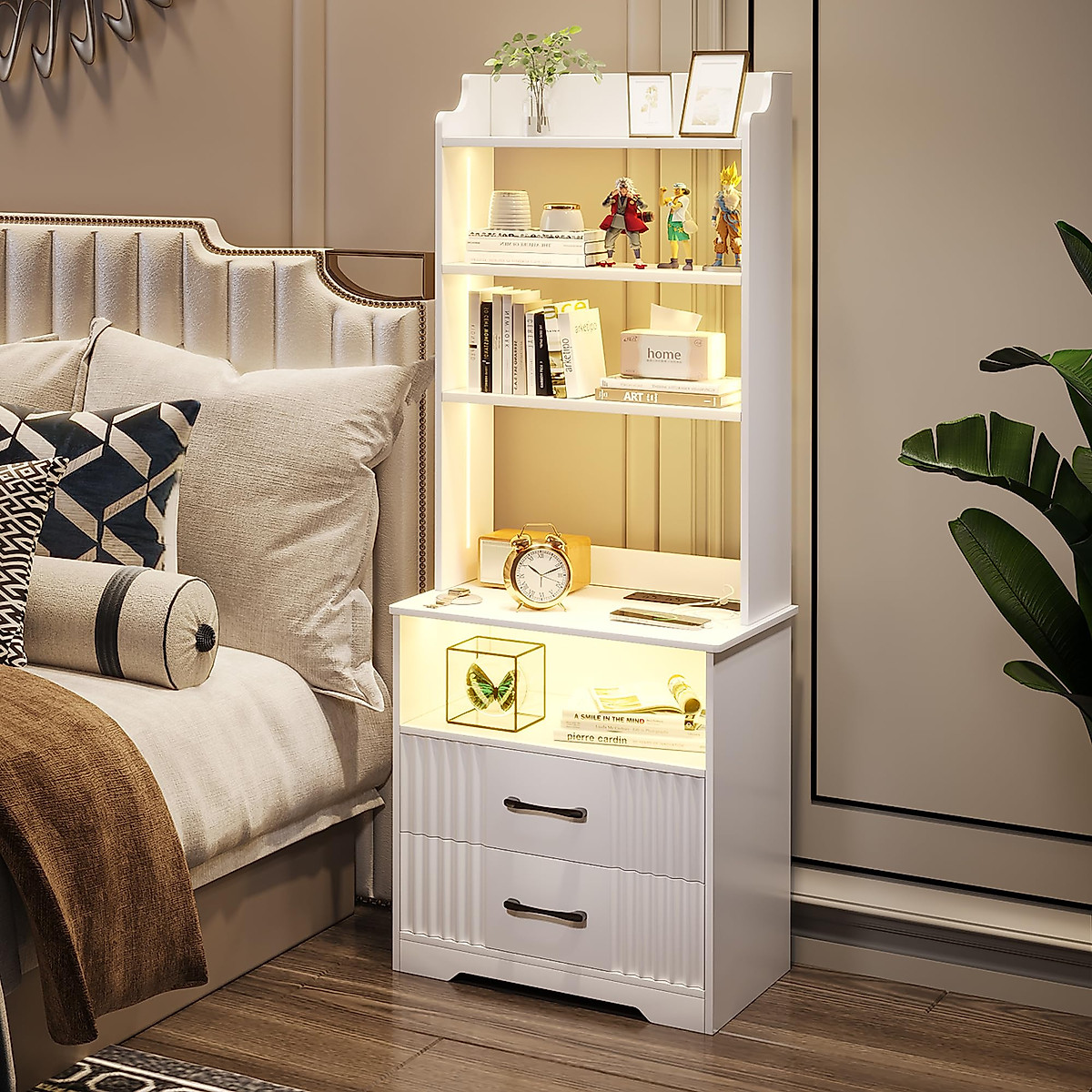 Vlsrka Tall Nightstand with Charging Station, 54" Smart Nightstand with LED Lights, Modern Night Stand with Bookshelf, Bedside Tables with Storage Cabinet for Bedroom, White