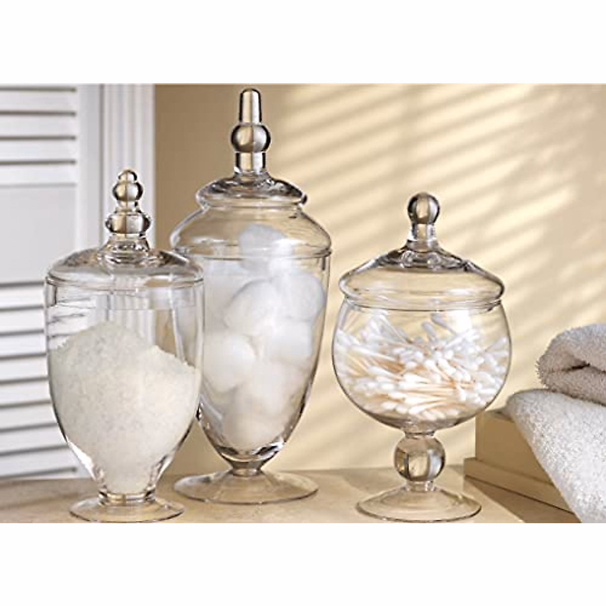 Glaver's Apothecary Jars With Lids, Set Of 3 Candy Jars, Countertop Canister, Glass Décor, Restroom Accessories, Buffet Décor, For all your Vanity Storage and much more