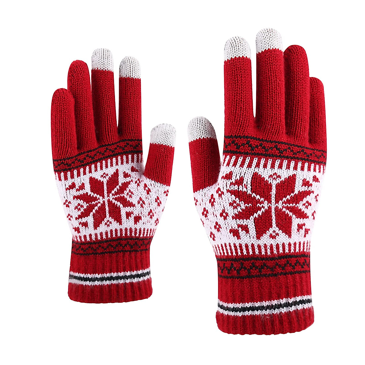 Snowflake Pattern Knitting Gloves for Women and Men Winter Warm Mittens Full Finger Touchscreen Texting Gloves (Red, One Size)