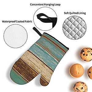 Retro Rustic Barn Wood Oven Mitts and Pot Holders Sets Set of 4，Resistant Hot Pads Non-Slip Cotton Lining Gloves for Kitchen Baking Cooking Grilling