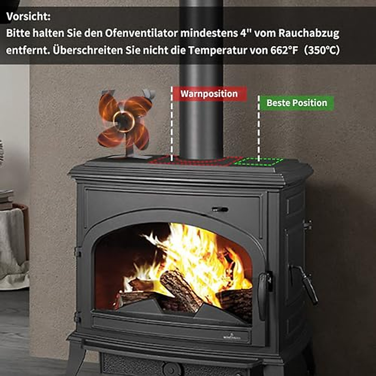 Surakey Wood Stove Fan for Heater, Heat Powered 4 Blade Non Electric Fireplace Fan with Bracket Reindeer Shape Heater, for Wood Log Burner Stove/Fireplace Camping Outdoor/Indoor Use (Green)