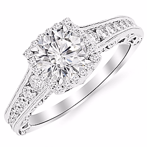 Houston Diamond District 2.75 Carat 14K White Gold Vintage Halo Style Channel Set Round Brilliant Diamond Engagement Ring Milgrain with a 2 Carat Moissanite Center, 8