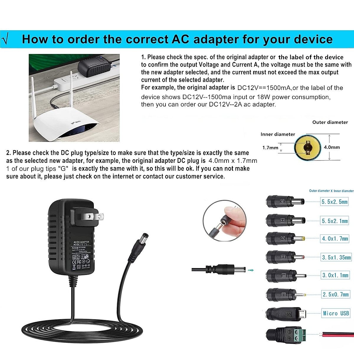 Universal AC Adapter 24V 1A Power Supply AC110V to DC24V Power Driver 5.5x2.1mm with 8 DC Plugs DC24V 100mA 500mA1000mA Charger Transformer 24V AC-DC Adapter