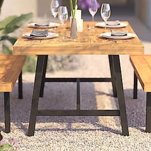 Flash Furniture Rafe Commercial Grade Acacia Wood Dining Table with Metal Base, Indoor/Outdoor Rectangle Patio Table with Plank Style Table Top, Natural/Black
