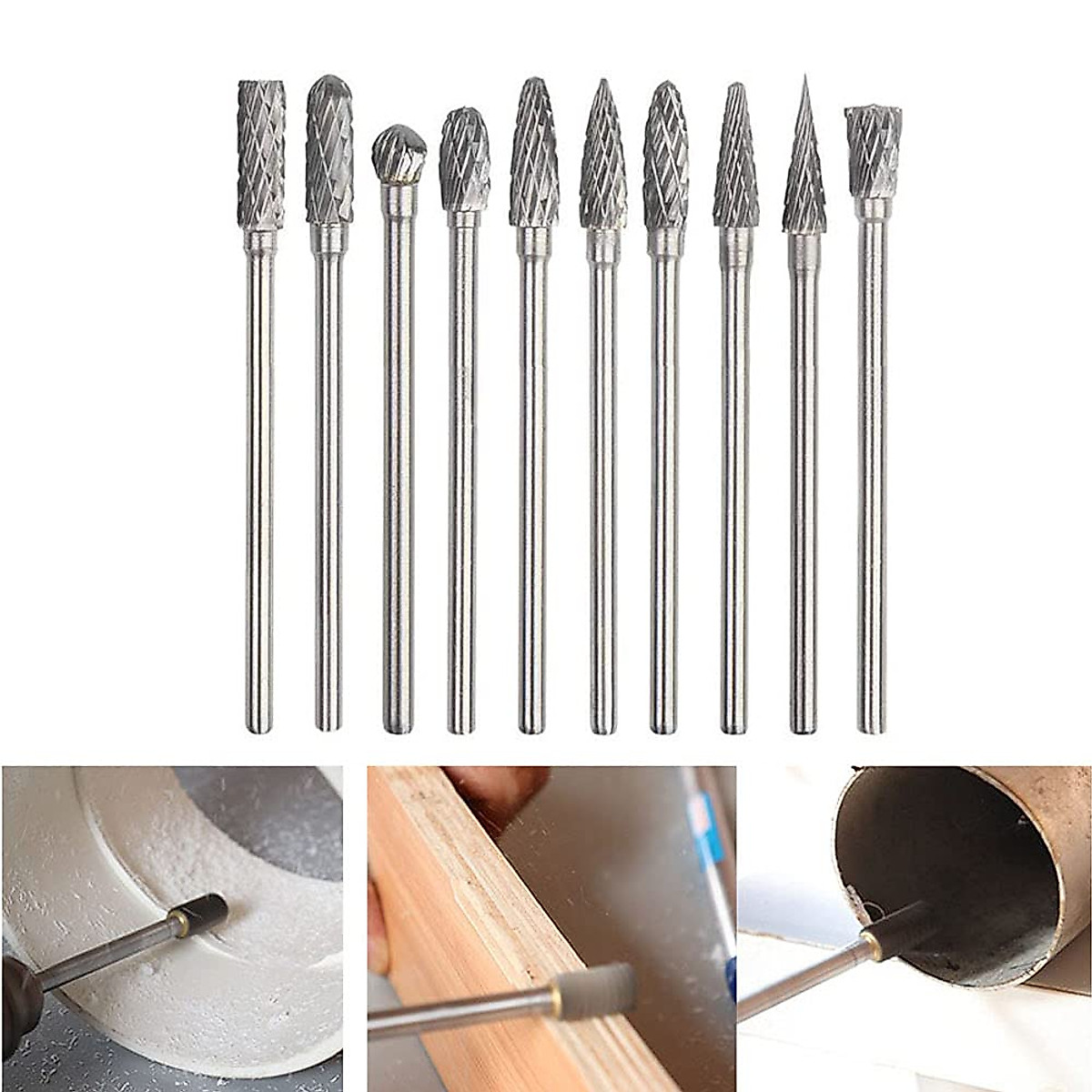 AYSUM 10pcs 1/8 Shank Long Double Cut Tungsten Carbide Burrs for Dremel, Rotary Burr Bits Rotary Files Burr Set for Die Grinder Rotary Tool, 4-Inch Length