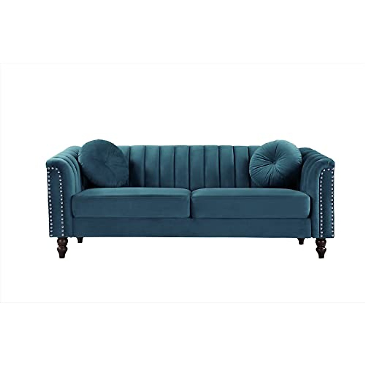Container Furniture Direct Tufted Velvet Sofa with Removable Cushions and Turned Wood Legs, Elegant Living Room Furniture for The Modern Home, 75.2 Inch Couch, Blue Green
