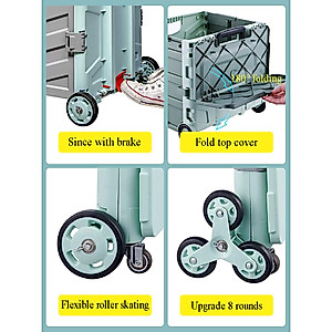 GXYAWPJ Mint Green Folding Cart on Wheels with Lid Cover Utility Shopping with Rolling Swivel Wheels for Stairs Large Capacity Retractable Hand Cart (Size : B)
