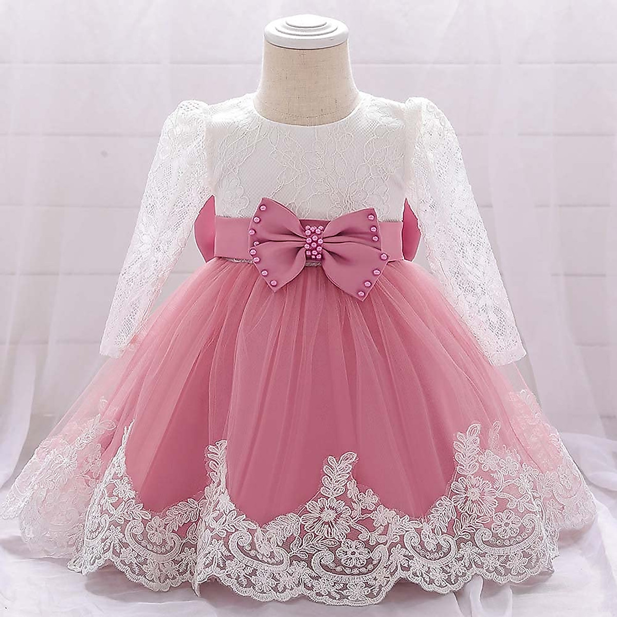 6-24 Months Baby Girl Big Bowknot Lace Flower Wedding Ball Gown Toddler Princess Dresses Pink 6-12 Months