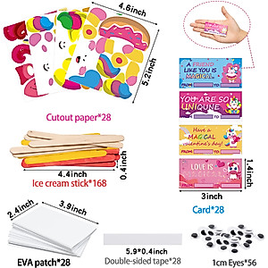 Xqumoi 28Pcs Valentine's Day Unicorn Wooden Sticks DIY Crafts Kit Exchange Gift with Creative Gift Cards Art Craft Ornament with Googly Wiggle Eyes Handmade Projects Party Decorations Favors for Kids