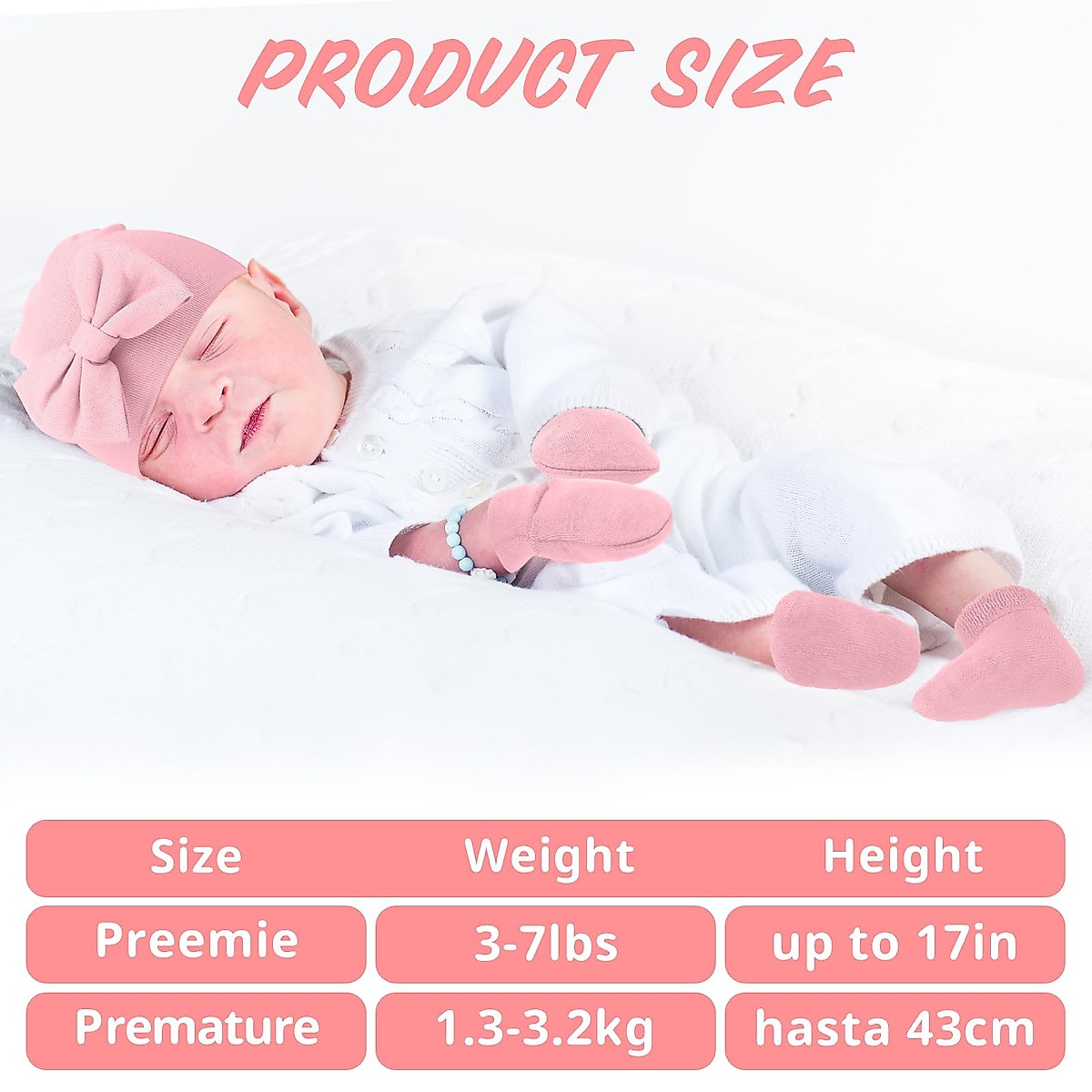 Toulite 4 Pack Preemie Hats and Socks Set Cotton Warm Bow Knot Preemie Caps,Mittens and No Scratch Preemie Warm Socks (Pink,white,purple,gray)