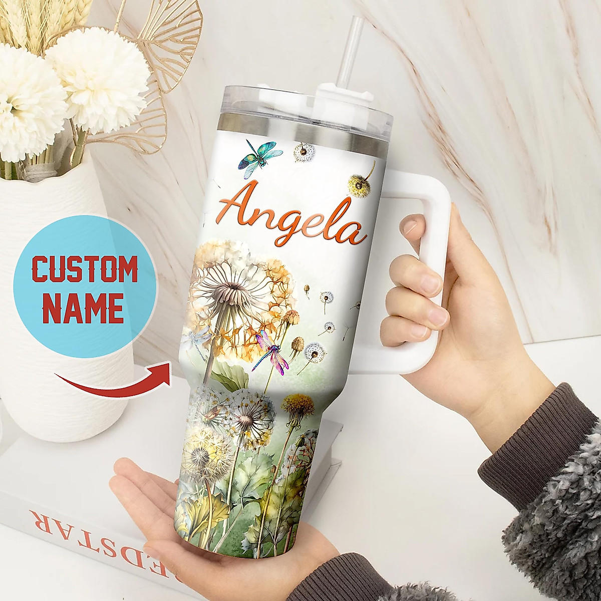 WAZONE Personalized Dandelion Dragonfly 40oz Tumbler with Handle and Straw Lid Custom Name Taraxacum Flower Insulated Cup Stainless Steel Travel Mug Vintage Style Jesus God Christian Gifts For Women