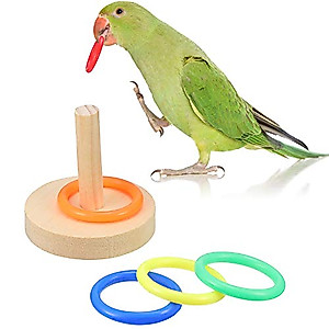 Frienda 4 Pieces Bird Training Toy Set Include Wooden Bird Block Puzzle Toy Parrot Training Basketball Colorful Stacking Rings Toy Birds Swing Perch for Parrots