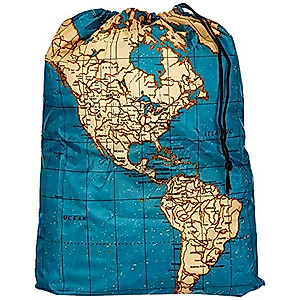 Kikkerland Travel-Size Laundry Bag, World Map Design Heavy Duty Laundry Bag, Polyester, Built-in Pouch, Inner Loop and Carabineer, Multicolor