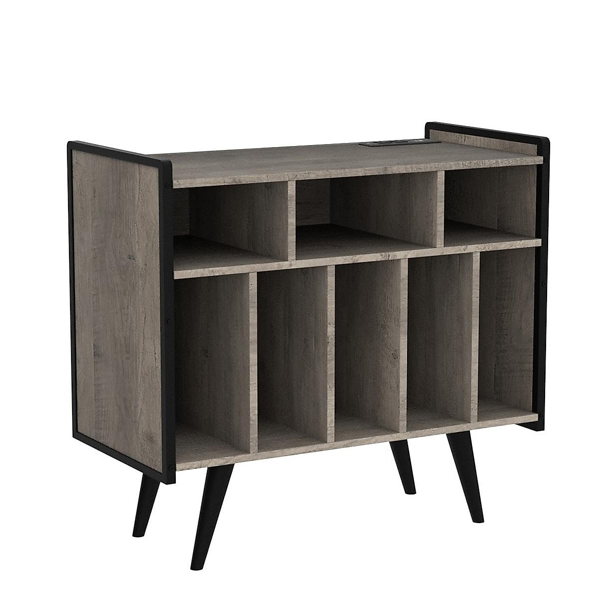 IDEALHOUSE Record Player Table Stand, Grey Record Album Storage Cabinet with Power Outlet, Large Wooden Turntable Stand for Living Room, Bedroom, Office