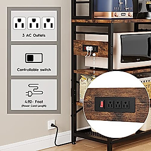 Monesti 7-Tier Kitchen Baker’s Rack with Power Outlet，Utility Storage Shelf Rack with 12 Hooks, Industrial Microwave Stand, Floor Standing Spice Rack Organizer Workstation(Rustic Brown).