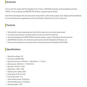 Waveshare 9.7inch E-Ink Display HAT Compatible with Raspberry Pi4B/3B+/3B/2B/B+/A+/Zero/Zero W/WH/Zero 2W 1200x825 Resolution IT8951 Controller USB/SPI/I80 Interface Supports Partial Refresh