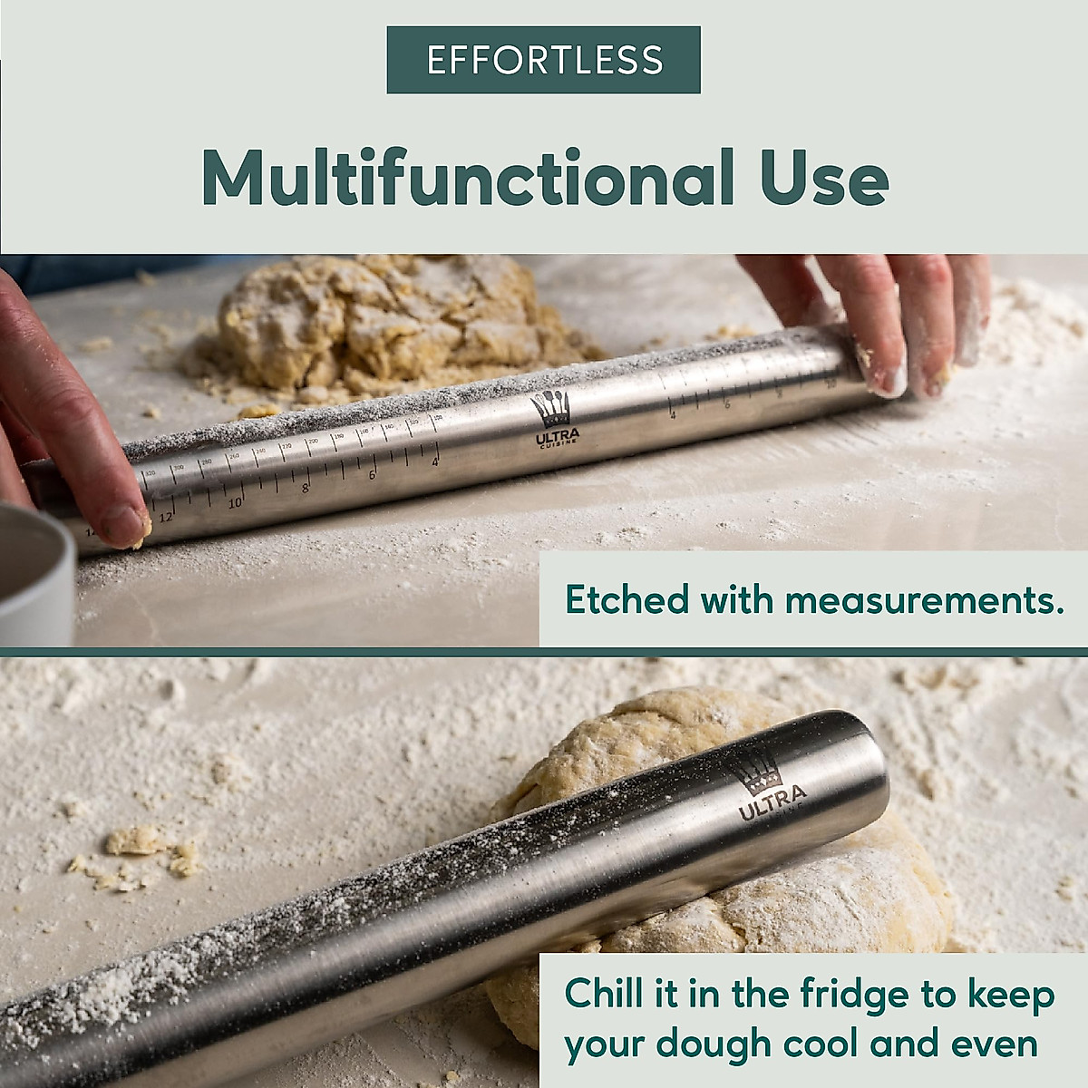 French Rolling Pin for Baking by Ultra Cuisine – Tapered Stainless Steel Design, Professional or Home Use with Pizza, Cookie, & Pastry Dough, or Fondant and Pie Crust –Dishwasher-Safe, Size 15.75 in