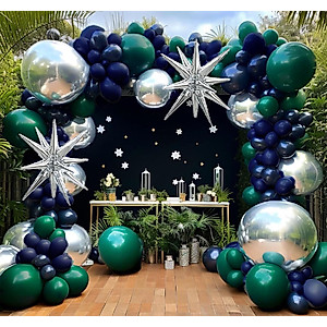 Navy Blue Green Silver Balloon Garland Double Stuffed Dark Green Silver Balloon Forest Green Navy Balloon Silver Metallic Balloon Arch Kit for Birthday Football Game Dinosaur Grad Party Decoration