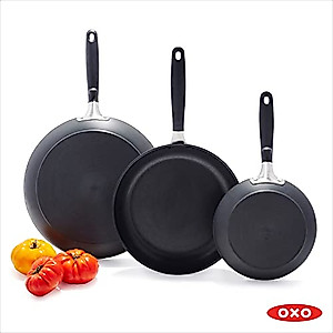 OXO Good Grips 8" 10" and 12" Frying Pan Skillet Set, 3-Layered German Engineered Nonstick Coating, Stainless Steel Handle with Nonslip Silicone, Black