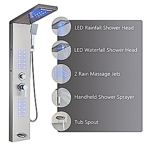 FCOTEEU Shower Panel Tower System,LED Rainfall Waterfall Shower Head LED Large Area Massage Jets Tub Spout,Stainless Steel Bathroom Shower Tower Column Brushed Nickel