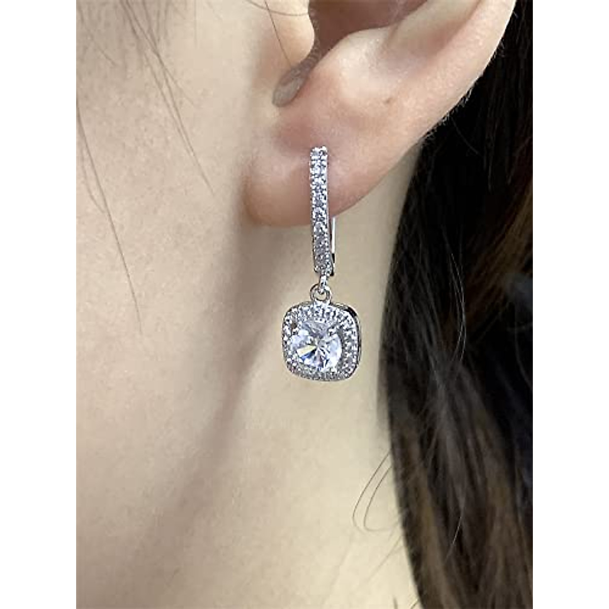 Classic Cubic Zirconia Dangle Hoop Earrings for Women Girls 18K White Gold Plated Princess Cut Square Halo CZ Charms Drop Dangling Leverback Stud Dainty Birthday Wedding Anniversary Jewelry Gifts (Silver)