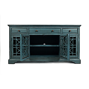 Benjara Koi 60 Inch Acacia TV Media Entertainment Center Console, 4 Glass Doors, Crossed Wood Design, Antique Blue, 60-Inch