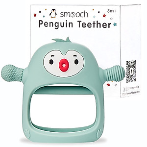 Smooch Penguin Mitten Teething Toys for Babies 0-6 Months, 12, 18 - Penguin Teethers for Babies are Easy to Hold, Silicone Baby Teether Toys - Provides Teething Pain Relief (Mint & Coral)