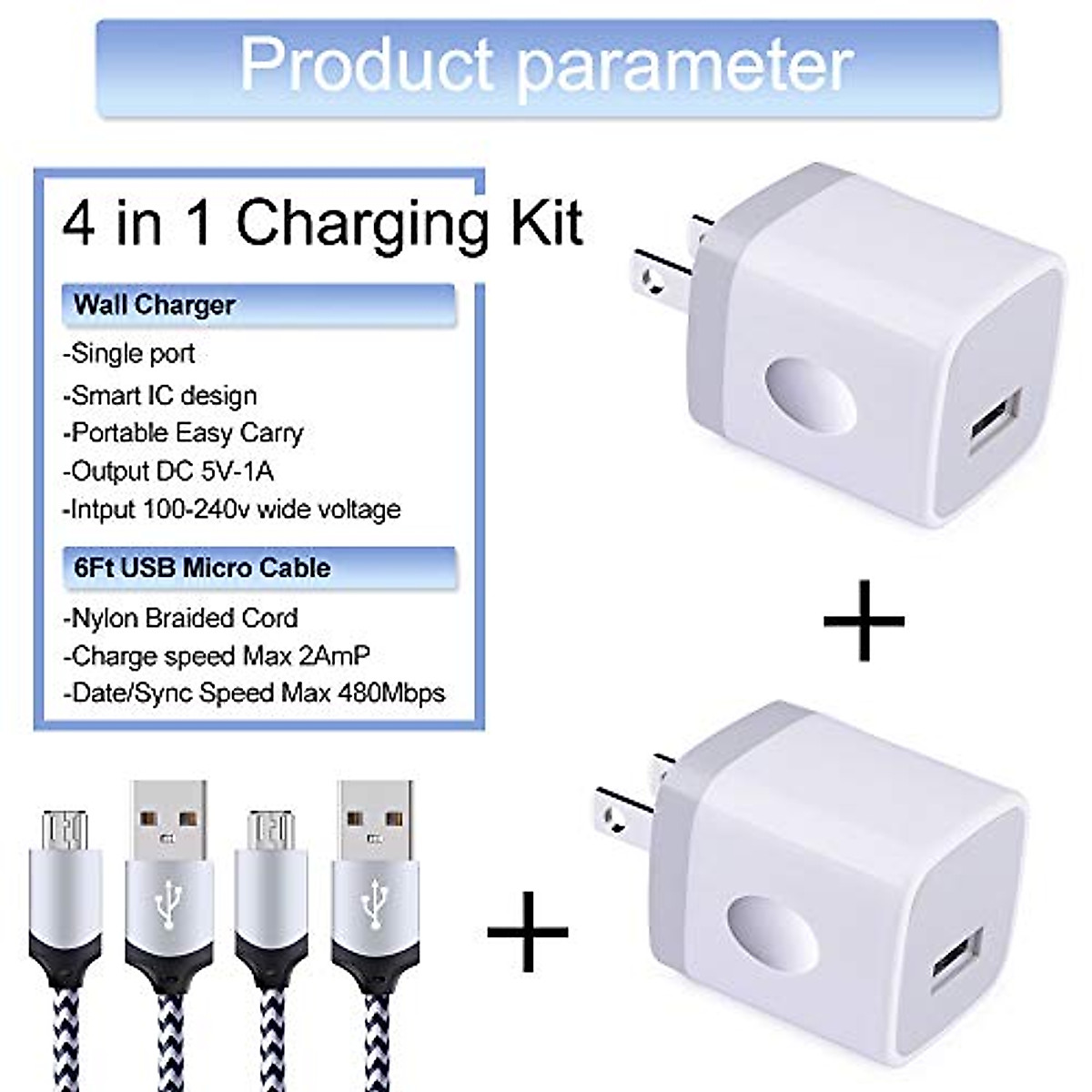 USB Wall Charger Micro USB Cable,4Kit Charging Block USB Charger Cube Plug with Android Micro Cord Cable Compatible Samsung Galaxy S7 Edge A10 A6 M10 J7 J8 S6 S5 Note 5 4, LG, HTC, Moto, Android Phone