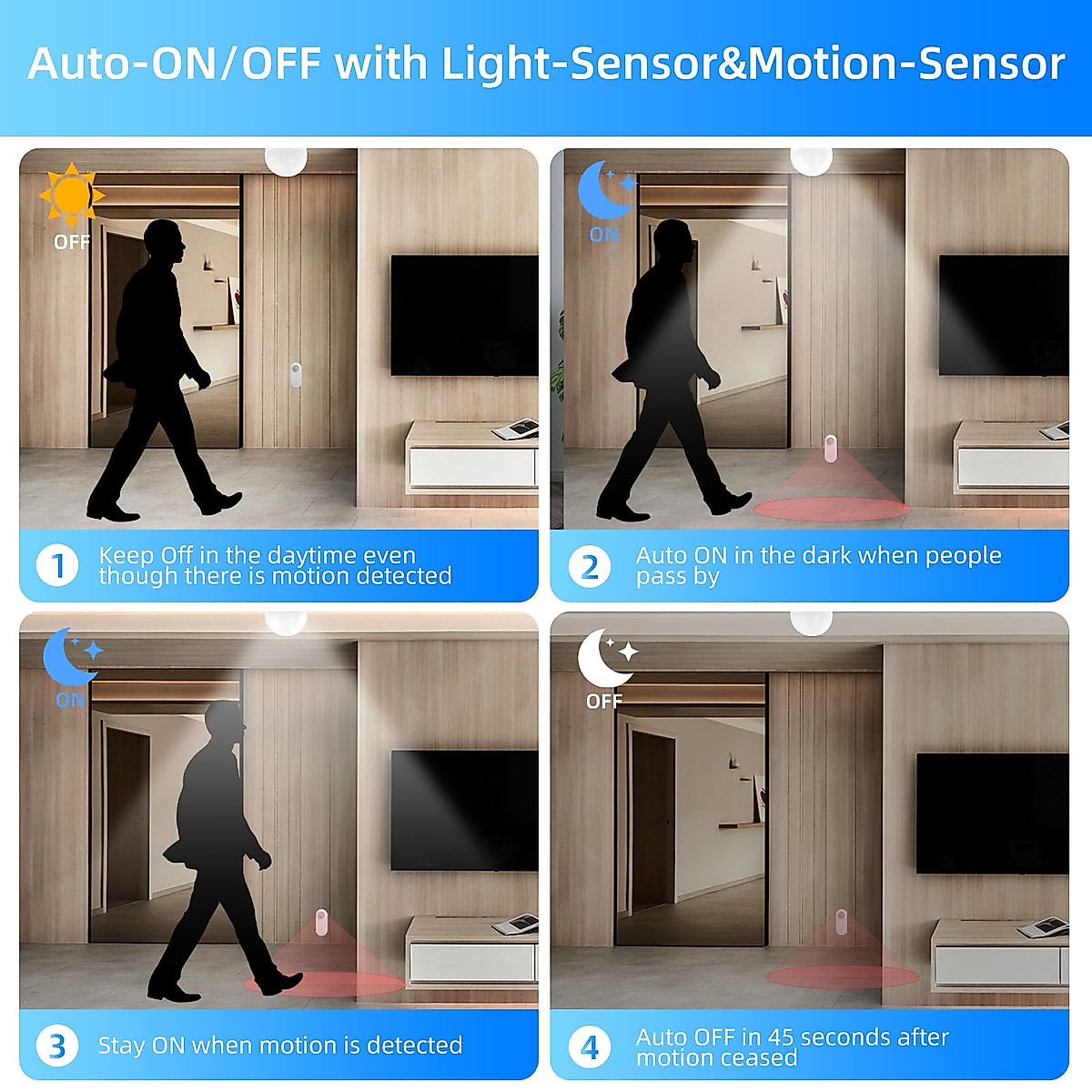 Motion Sensor Light Bulbs, 10W (120W Equivalent) 1200lm Motion Activated Dusk to Dawn Security LED Bulb, 3000K Warm White, A19/E26, Auto On/Off Indoor Outdoor Lighting, for Garage Basement Hallway