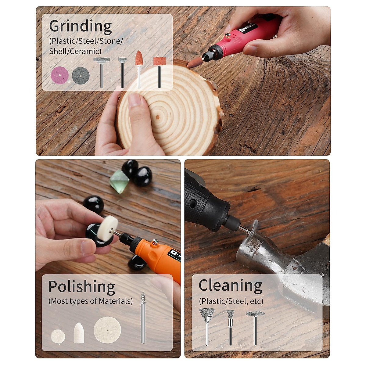 HARDELL Rotary Tool Accessories, 227pcs Power Rotary Tool Accessories Kit, 1/8"(3.2mm) Diameter Shanks, Universal Fitment for Easy Cutting, Polishing, Sanding, Carving, Grinding(Pink)