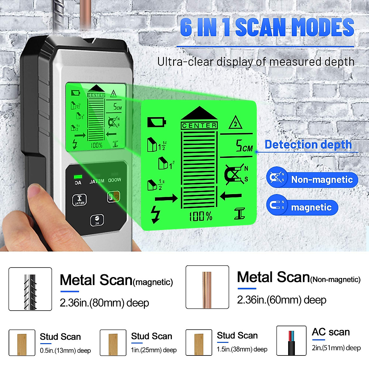 Stud Finder Wall Scanner Detector - Upgraded 6 in 1 Electronic Sensor Wood Wall Detector Beam Finder for Drywall Joist Pipe Live AC Wires Metal with Magnetic/Non-Magnetic, LCD Display & Sound Warning
