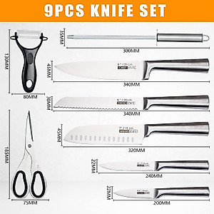 Knife Set, Professional Stainless Steel Chef Knife Set of 9 with Rotatable Acrylic Stand for Kitchen, Ergonomic Ultra Sharp Non-Stick Kitchen Knife set with Gift Box for Women Gifts