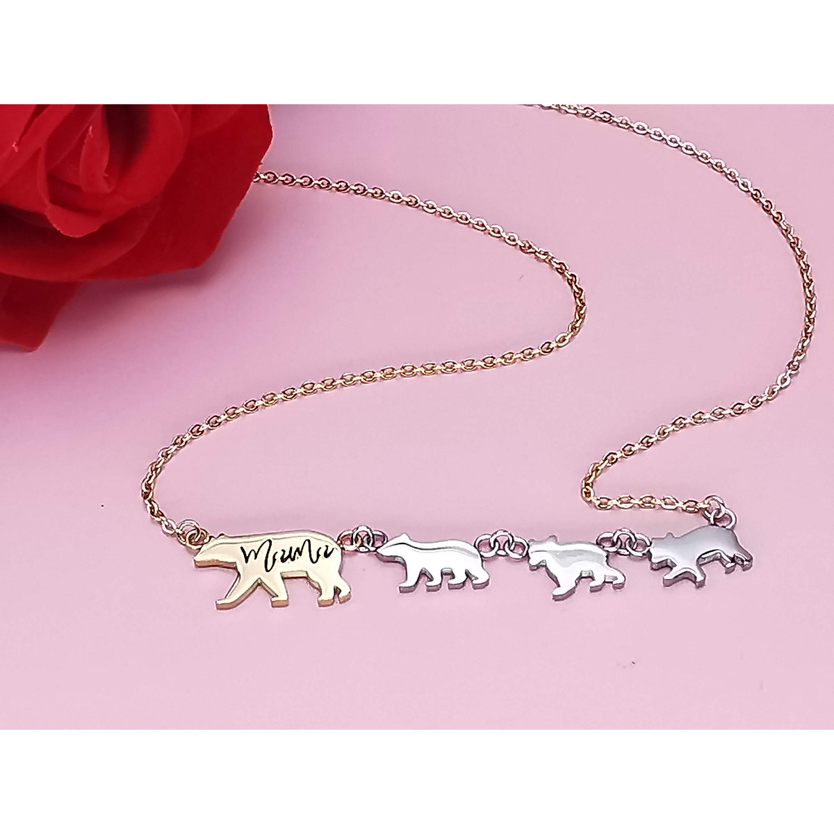 Beffy Mama Bear Necklace with 3 Three Cubs for Women, Mom Daughter Pendant for Mothers Day Birthday Christmas