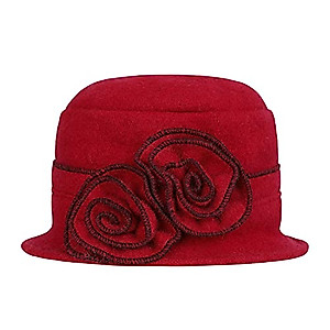 DT DANTIYA 1920s Gatsby Womens Winter Warm Wool Cloche Bucket Hat Slouch Wrinkled Beanie Cap with Flower Wine Red