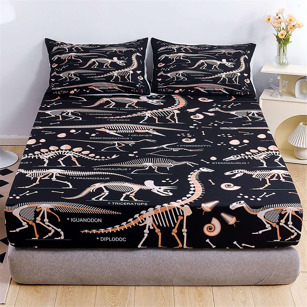 URLINENS Dinosaur Fitted Sheet Twin Size, Jurassic Evolution Dino Bones Bedding Set 2 Piece 1 Fitted Sheet and 1 Pillowcase, Wildlife Dinosaur Sheet Set for Kids Boys Girls Teens Fun Bed Sheet