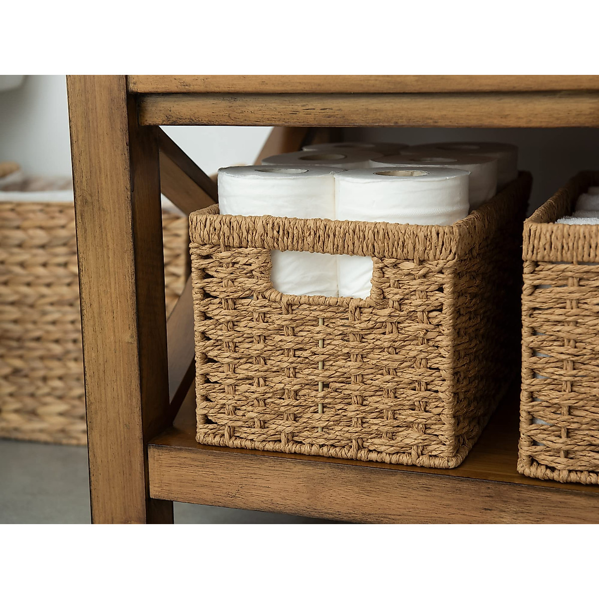 StorageWorks Set of 5 Round Paper Rope Storage Baskets, Large Storage Baskets for Organizing