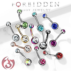 Forbidden Body Jewelry 14g Titanium Double Jeweled Aqua Blue CZ Crystal Belly Button Ring