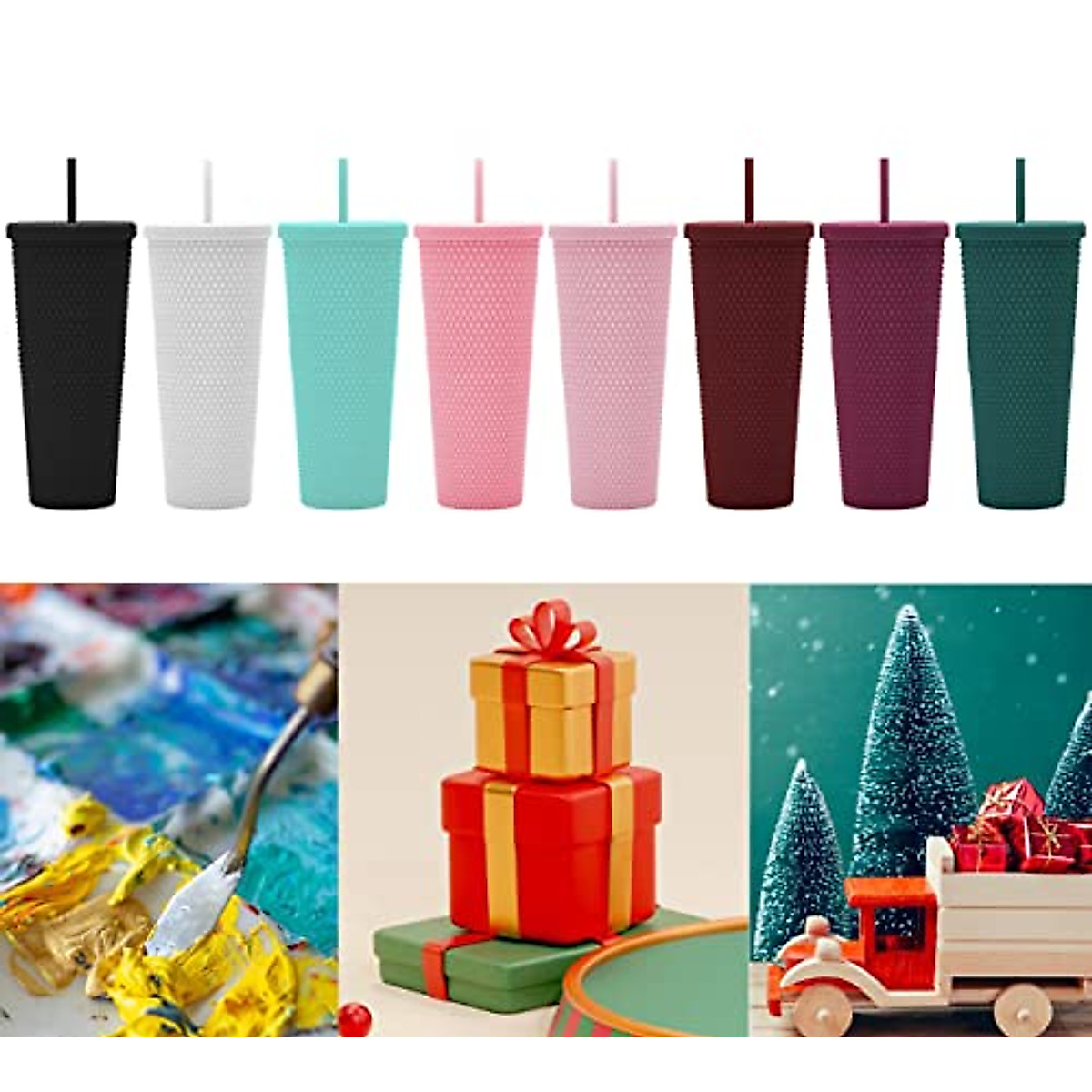 Essasea 24oz Fully Studded Tumbler.Matte Black Studded Tumbler with Lid and Straw.Reusable Double Walled Insulated Travel Tumbler.Plastic Acrylic Pastel Colored Tumbler Cup for Iced Coffee Smoothie.