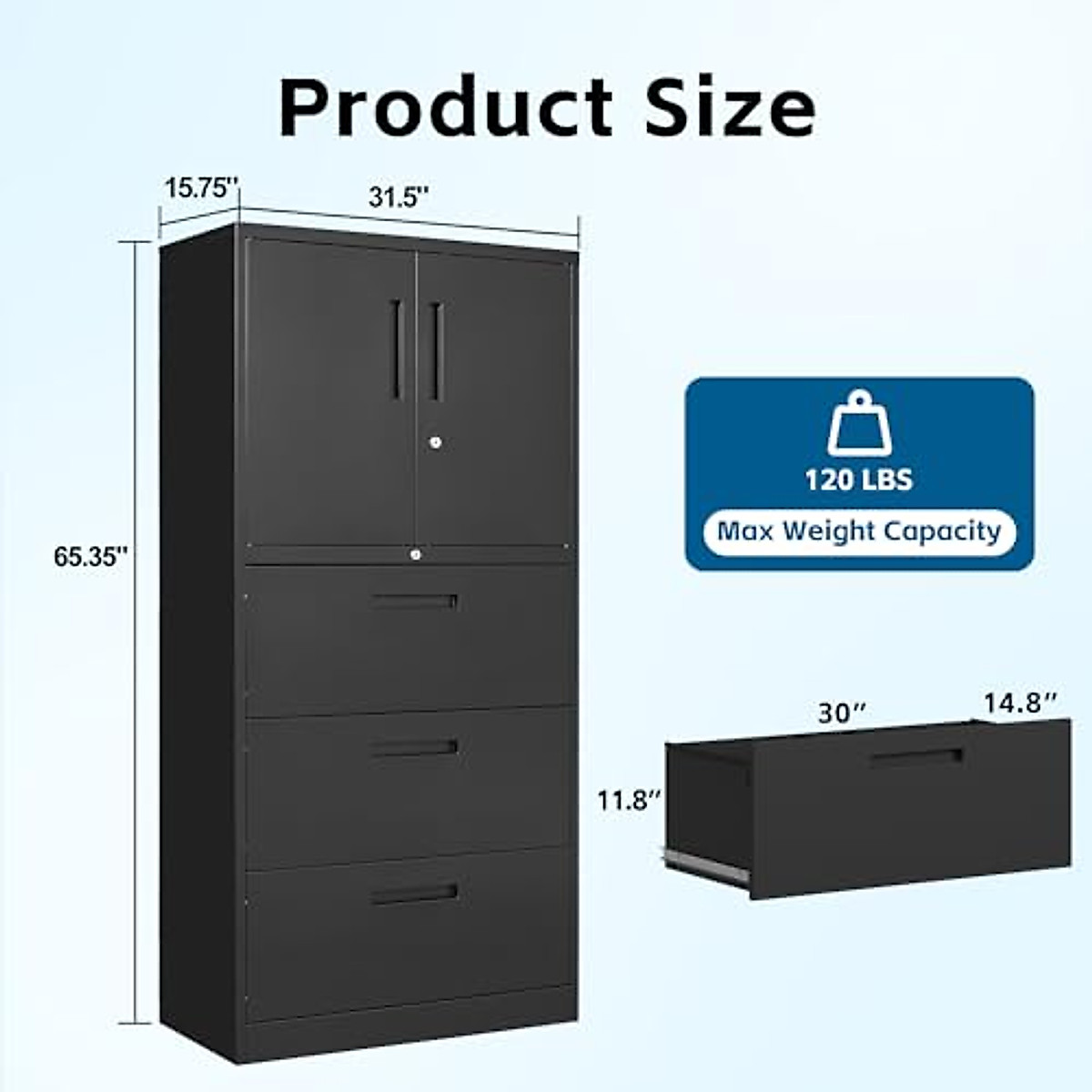 PEUKC 3-Drawer Metal File Cabinet, Lateral Vertical Filing Cabinets for Home Office, Locking File Cabinet with Storage Shelves, Legal/Letter/A4 Size Office File Cabinet,(Black, Assemble Required)