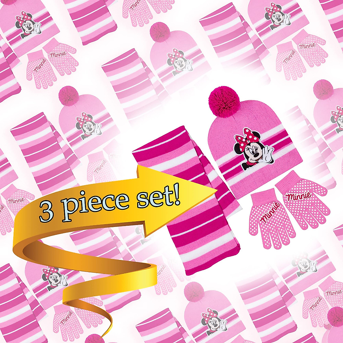 Disney Minnie Mouse Bowtique Girls Pink Hat Scarf and Glove Set - Size 4-14 [4014]