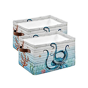 Storage Basket Marine Ocean Blue Octopus Animal Seaweed Storage Bin with Handles, Vintage Wooden Grain Collapsible Organizer Storage Cubes Bins for Closet, Laundry Clothes, Bathroom, Nursery Toys