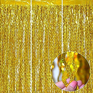 Glitter Foil Gold Foil Fringe Curtains Party Decorations ，Birthday Party Wedding and Festival Decorations， Girl Princess Bachelorette Euphoria Theme Party Decorations - 3 Packs (Golden Yellow)