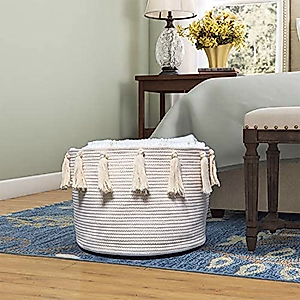 ABETREE Tassel Woven Storage Laundry Basket 17.7" x 11.8" with Handle Cotton Hamper Nursery Basket Blanket Baby Toy Storage Organizer