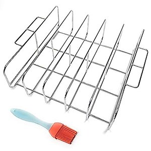 Cataumet BBQ Rib Rack Holder Smoking Rack with Silicone Basting Brush Fits Big Egg Kettle Style Grills Gas Grills Smokers Made with Genuine 304 Stainless Steel
