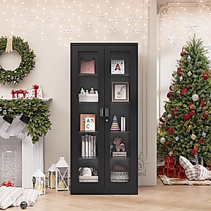 LISSIMO Tall Bookcase Storage Cabinet with Tempered Glass Door,Metal Display Cabinet with 4 Adjustable Shelves,5-Tier Curio Cabinet Liquor Cabinet for Home,Study,Living Room and Office (Black)